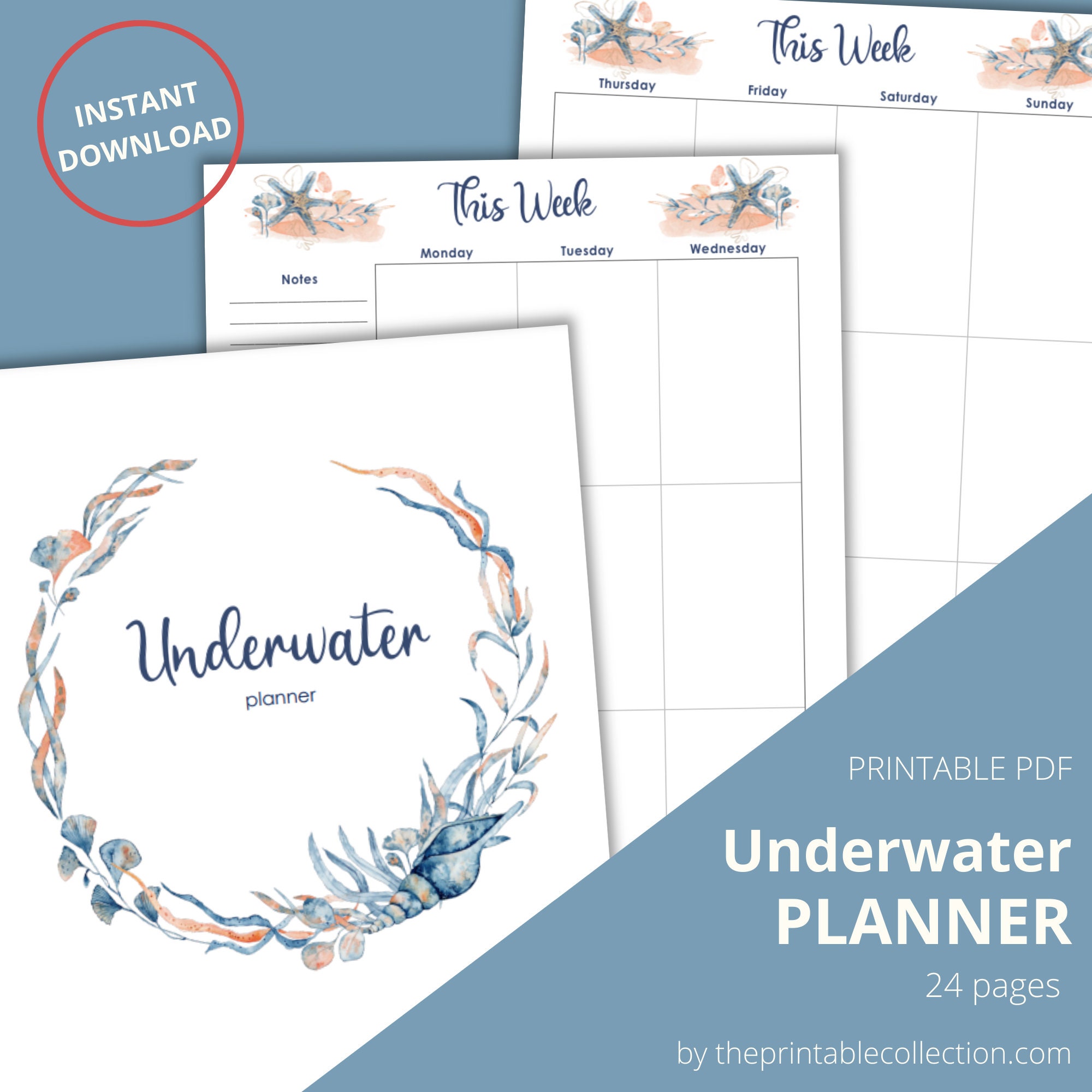 Printable Planner Underwater Pages // Blue Sea Life Planner - Etsy