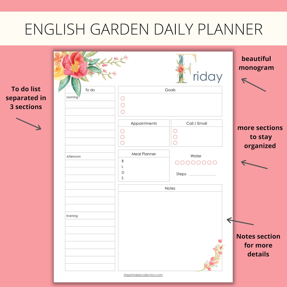 Printable Daily Planner Flower, Daily Planner Schedule, Daily Work ...
