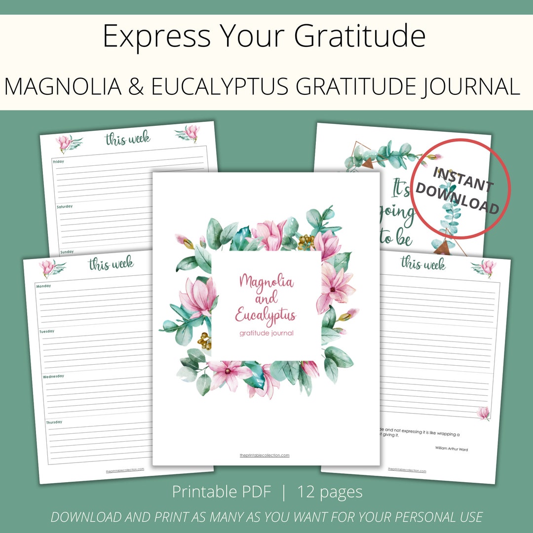 Printable Gratitude Journal Watercolor Magnolia and Eucalyptus ...