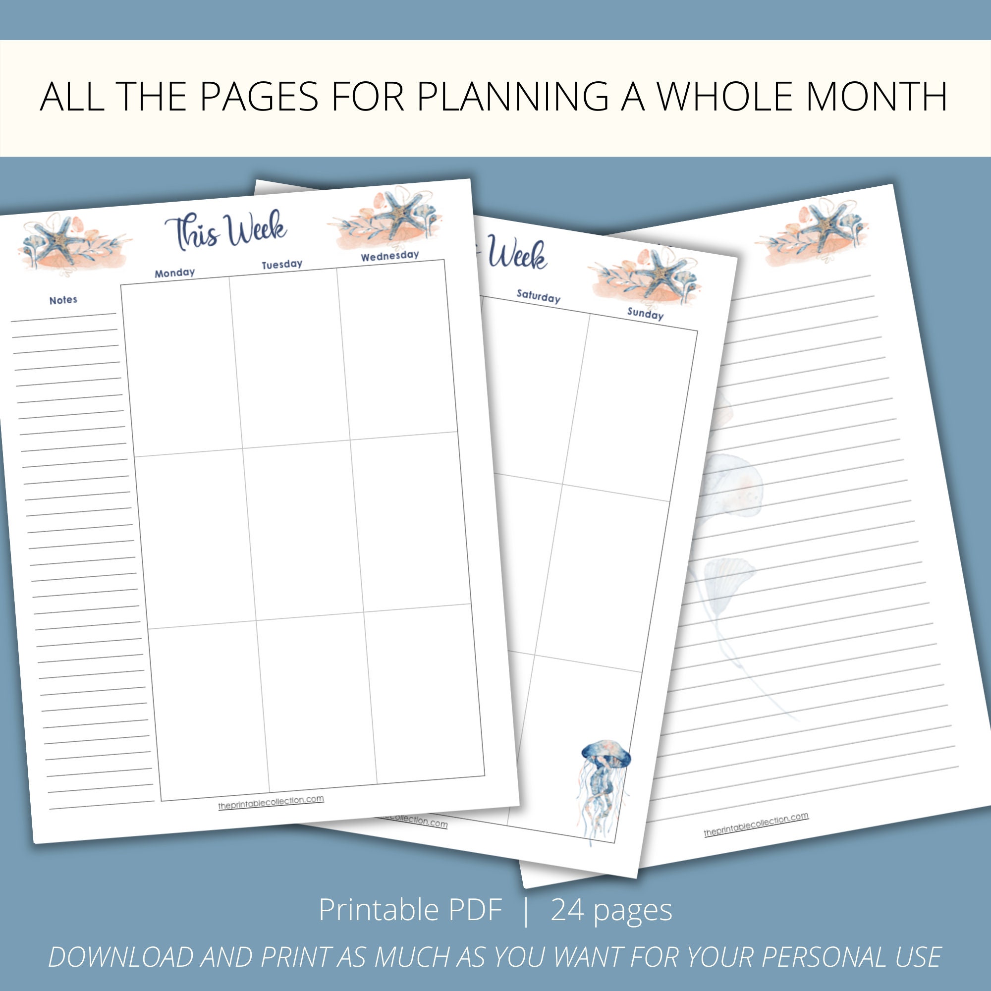 Printable Planner Underwater Pages // Blue Sea Life Planner - Etsy