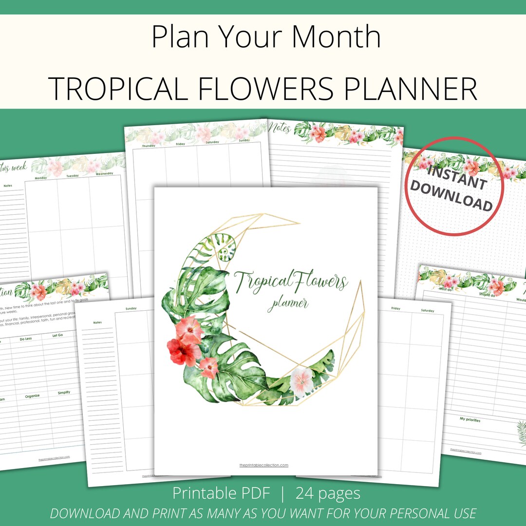 Printable Planner With Watercolor Tropical Flowers and Leaves ...