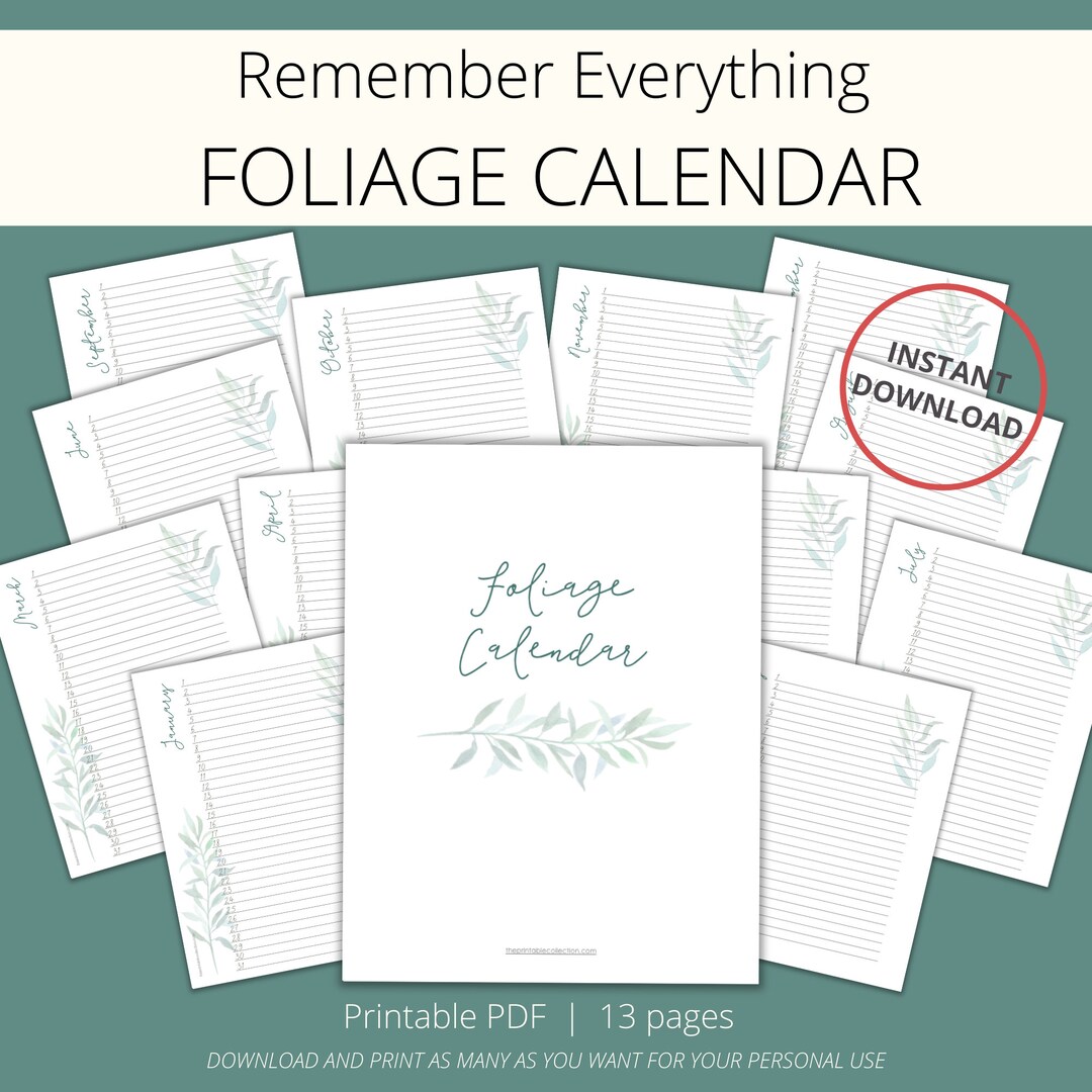 Printable Calendar Foliage, Calendar Watercolor Greenery, Lined ...