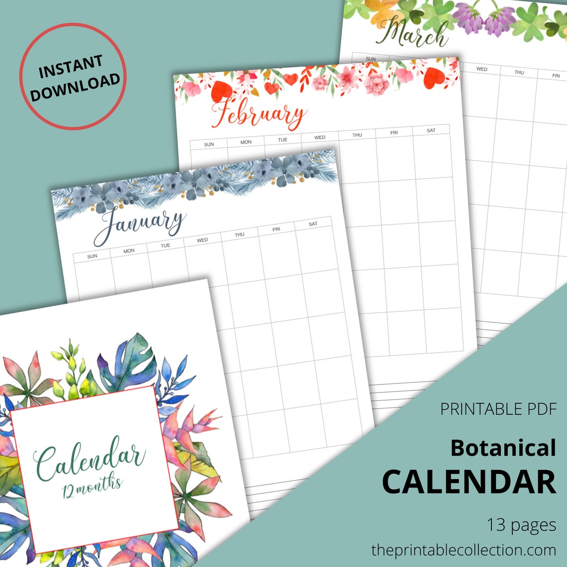 Printable Calendar Monthly, Watercolor Botanical Calendar, Watercolor ...