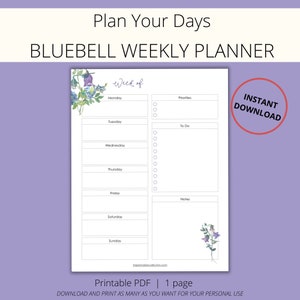 Weekly Planner Printable With Watercolor Lavender and Purple Bluebell ...