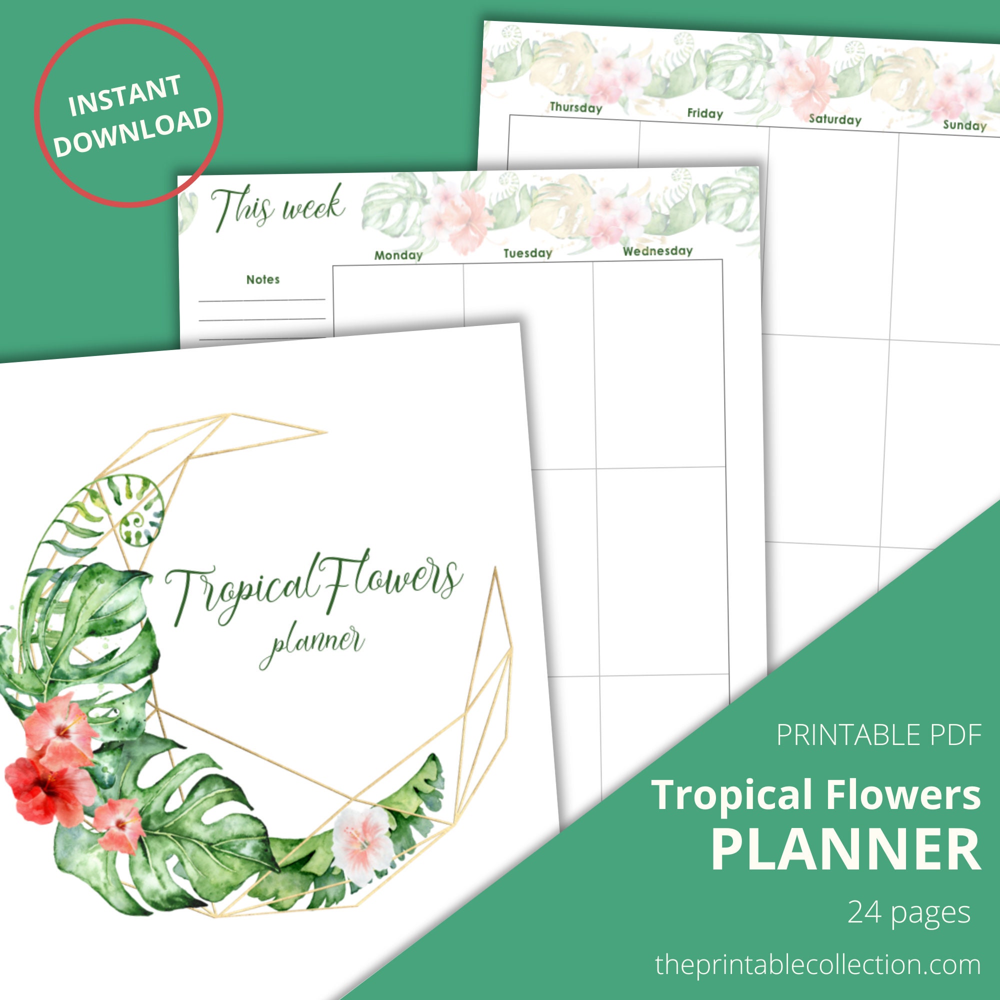 Printable Planner With Watercolor Tropical Flowers and Leaves ...
