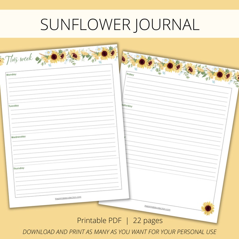 Printable Journal With Watercolor Sunflowers Images // Writing Lined ...