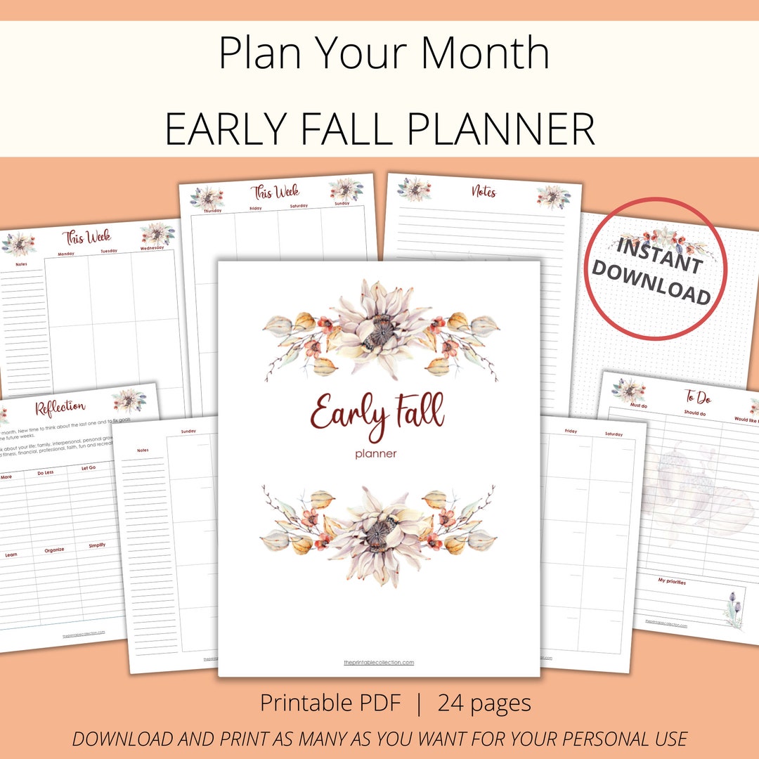 Fall Printable Planner With Watercolor Flowers and Leaves // Burgundy ...