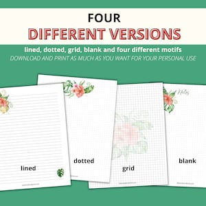 Printable Notes Pages With Watercolor Red and Green Tropical Flowers ...
