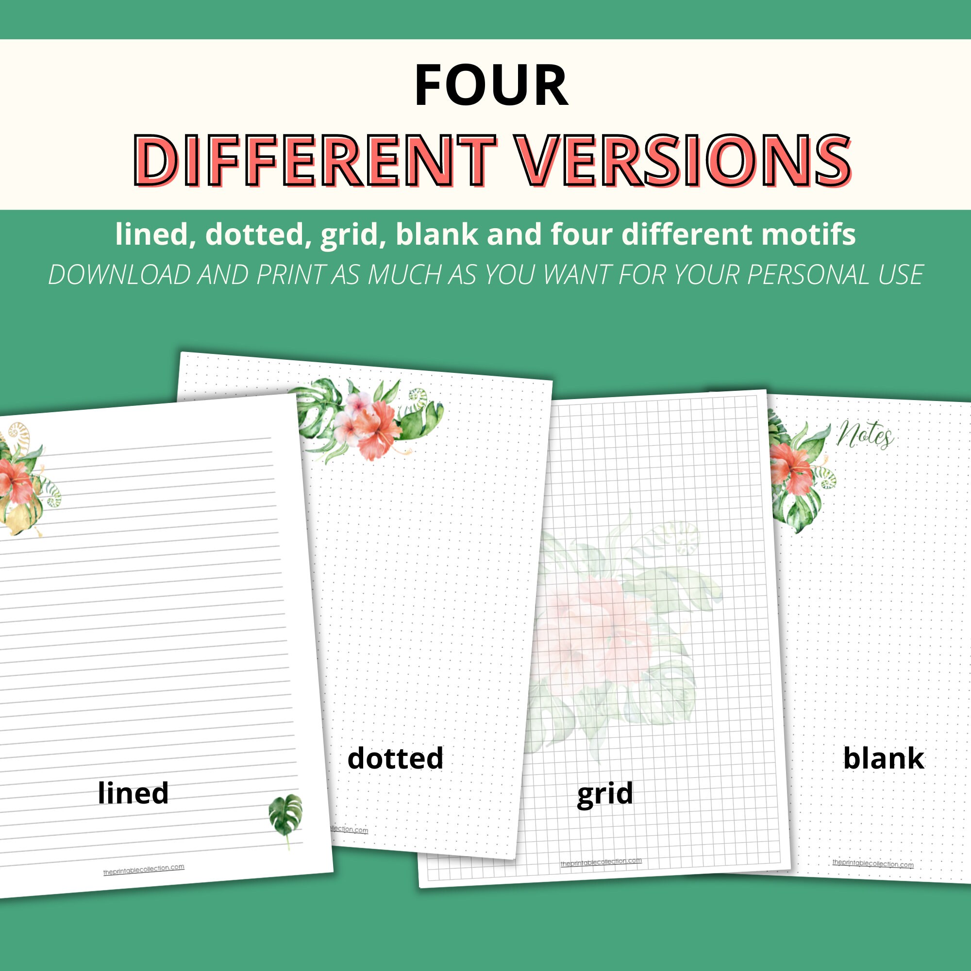 Printable Notes Pages With Watercolor Red and Green Tropical Flowers ...