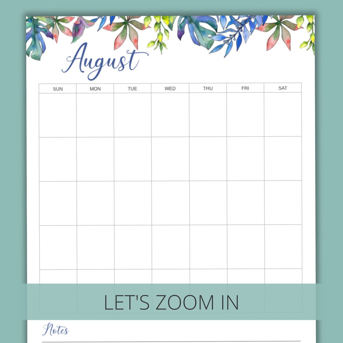 Printable Calendar Monthly, Watercolor Botanical Calendar, Watercolor ...