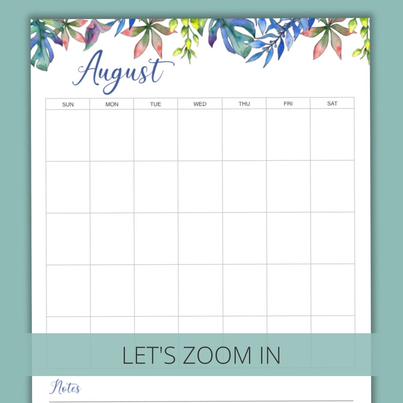 Printable Calendar Monthly, Watercolor Botanical Calendar, Watercolor ...