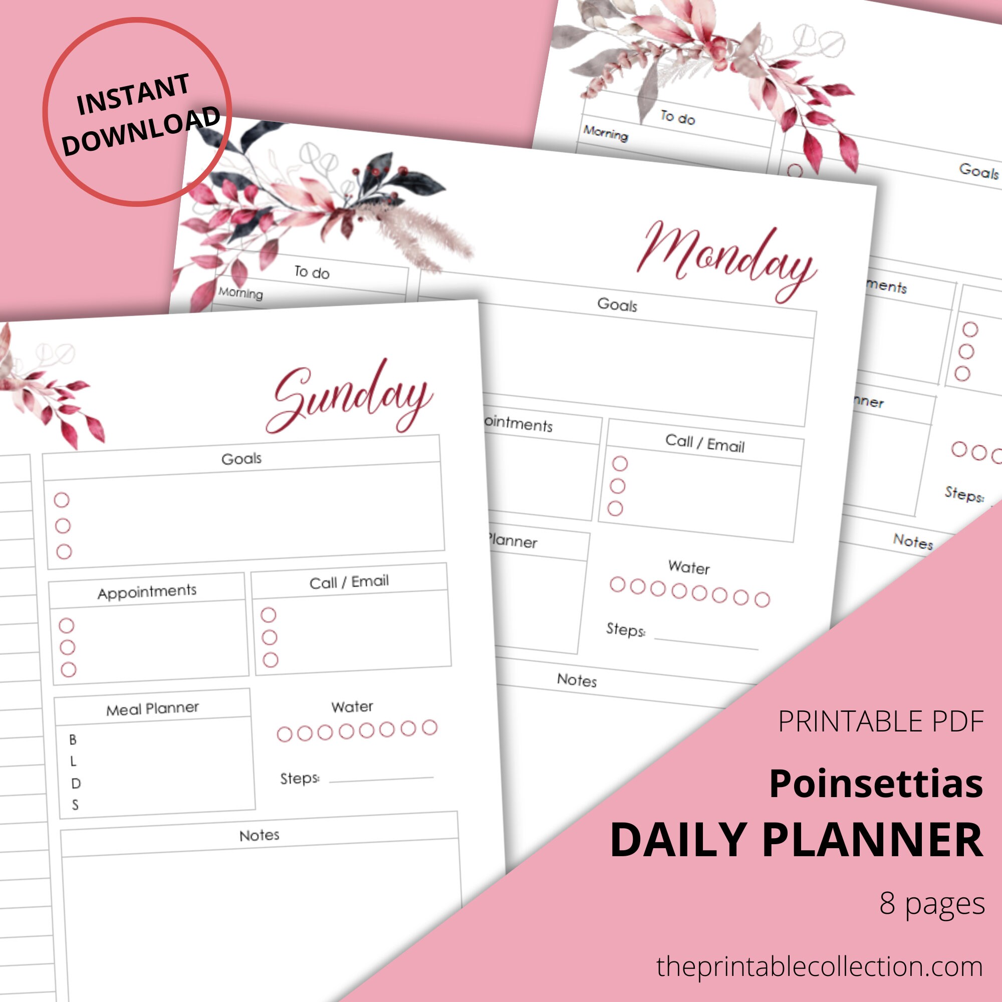 Printable Daily Planner Watercolor Poinsettias in Red and Pink - Etsy