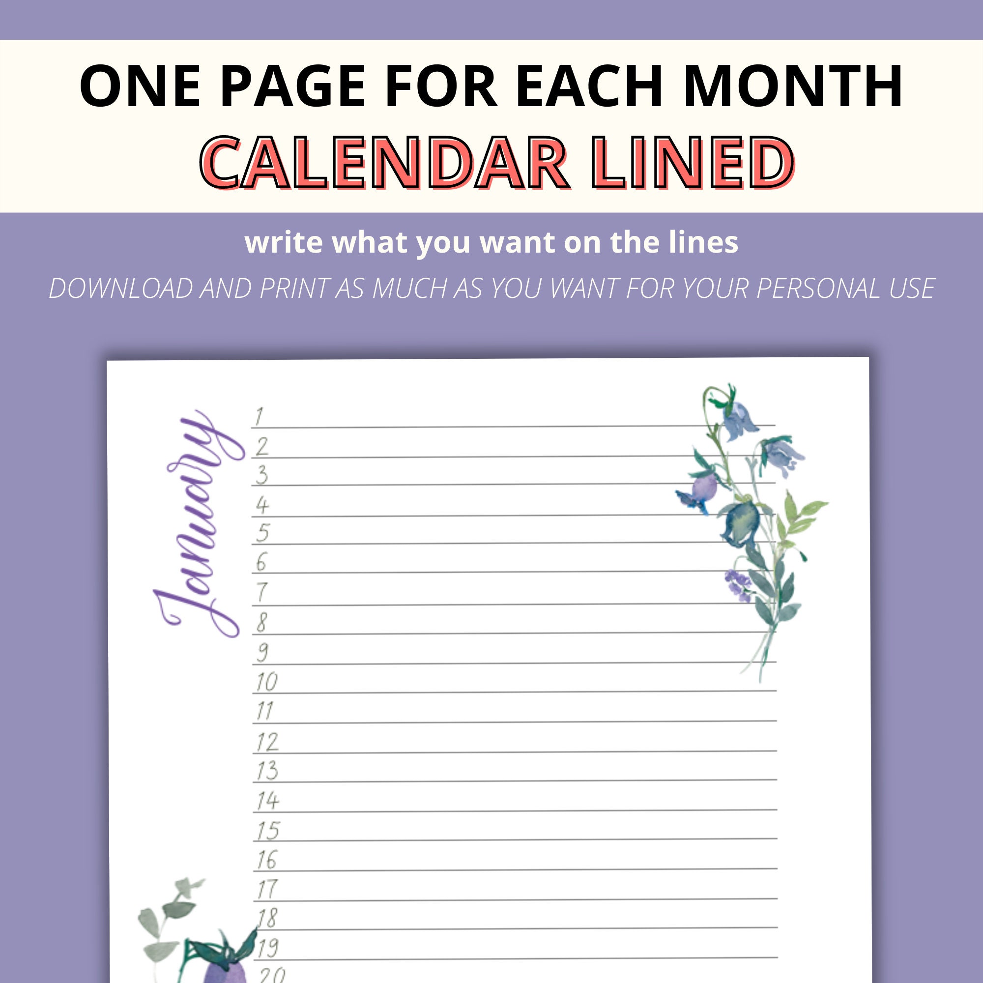Printable Calendar Flowers Calendar Watercolor Botanical - Etsy Canada