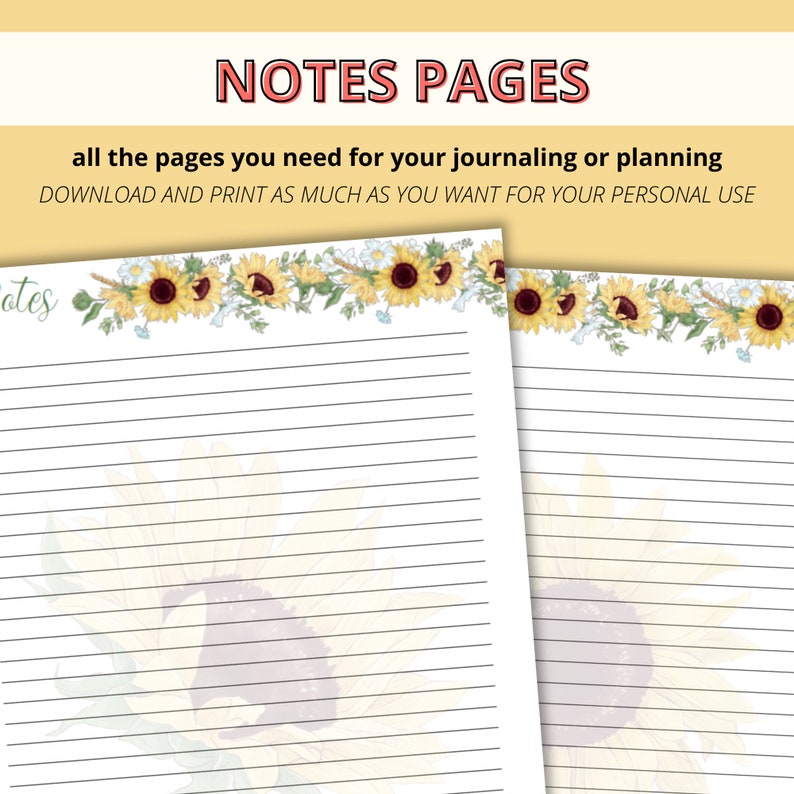 Printable Journal With Watercolor Sunflowers Images // Writing Lined ...