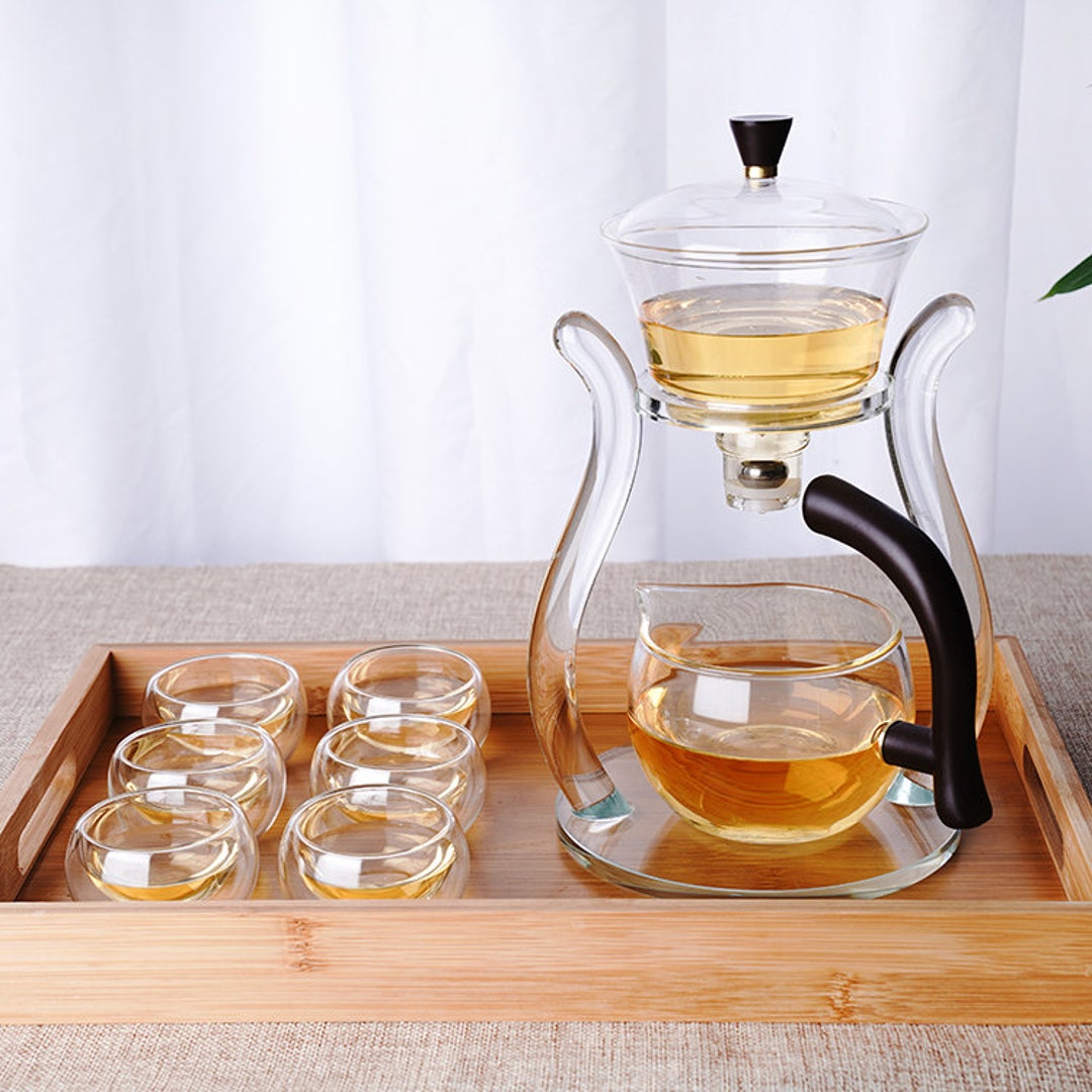 Luxurious Glass Tea Set Semi-automatic Tea Pot Wooden Tray Vintage Kitchen Gift Wedding Gift ...