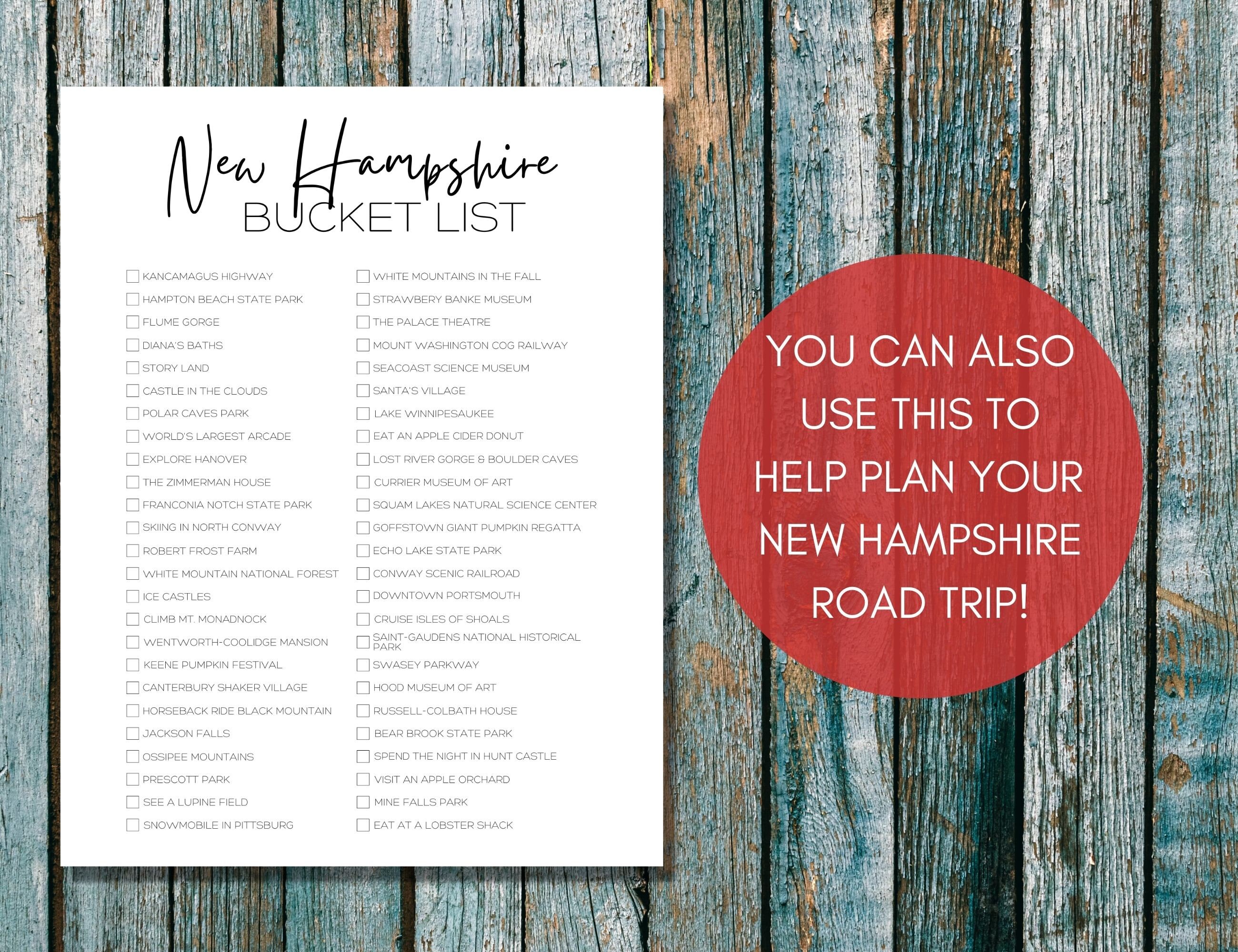 New Hampshire Bucket List Printable America's 50 States Travel Planner ...