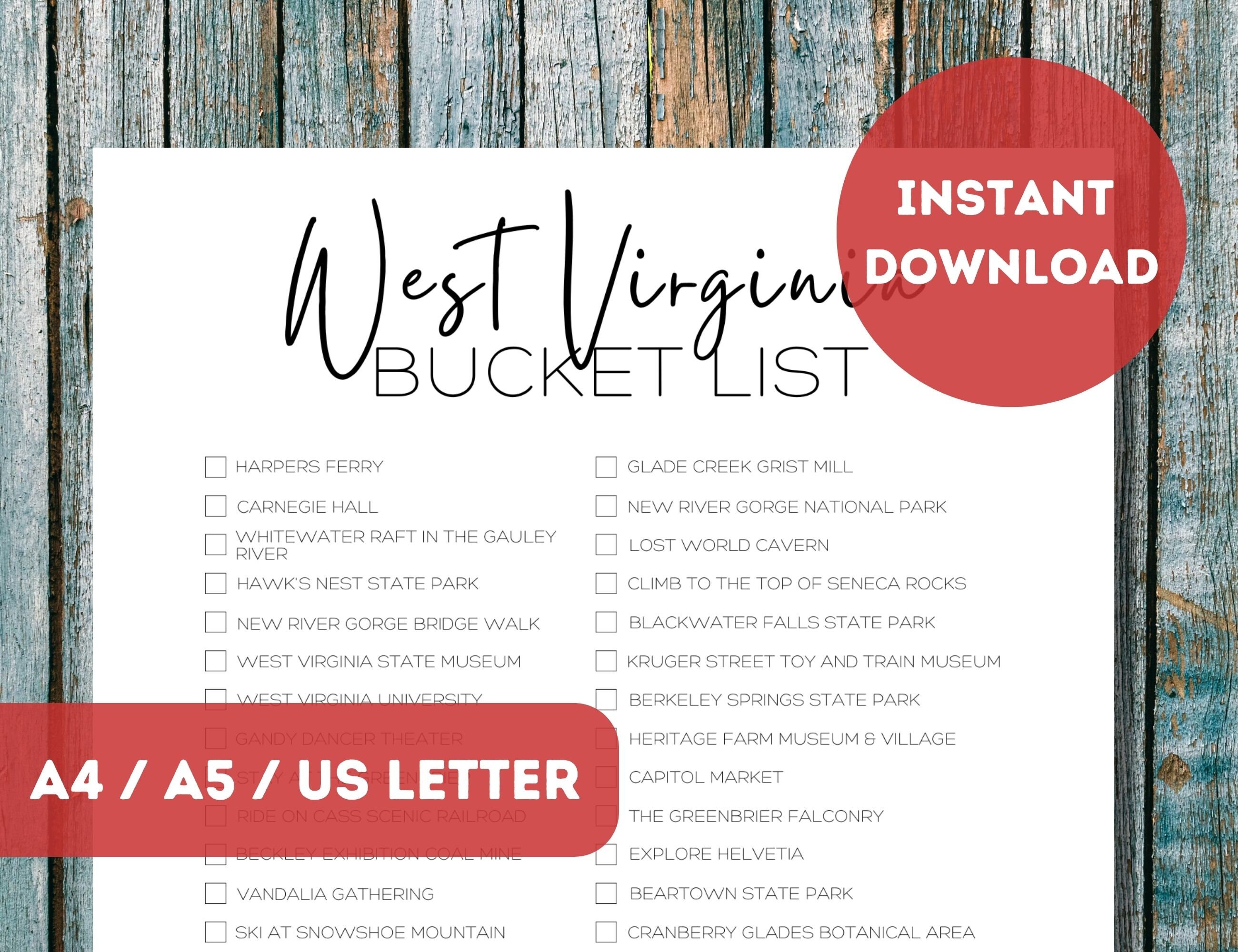 West Virginia Bucket List Printable America's 50 States - Etsy