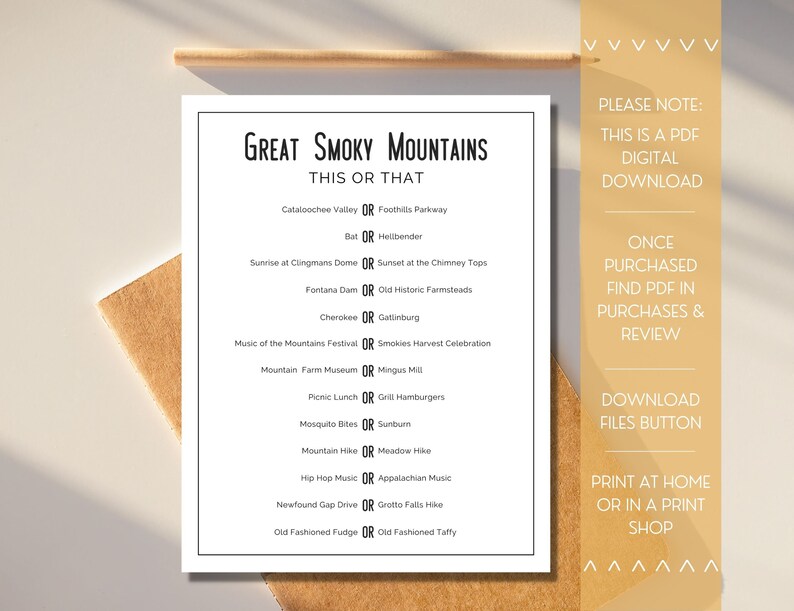 Great Smoky Mountains National Park This or That Printable Game | US ...