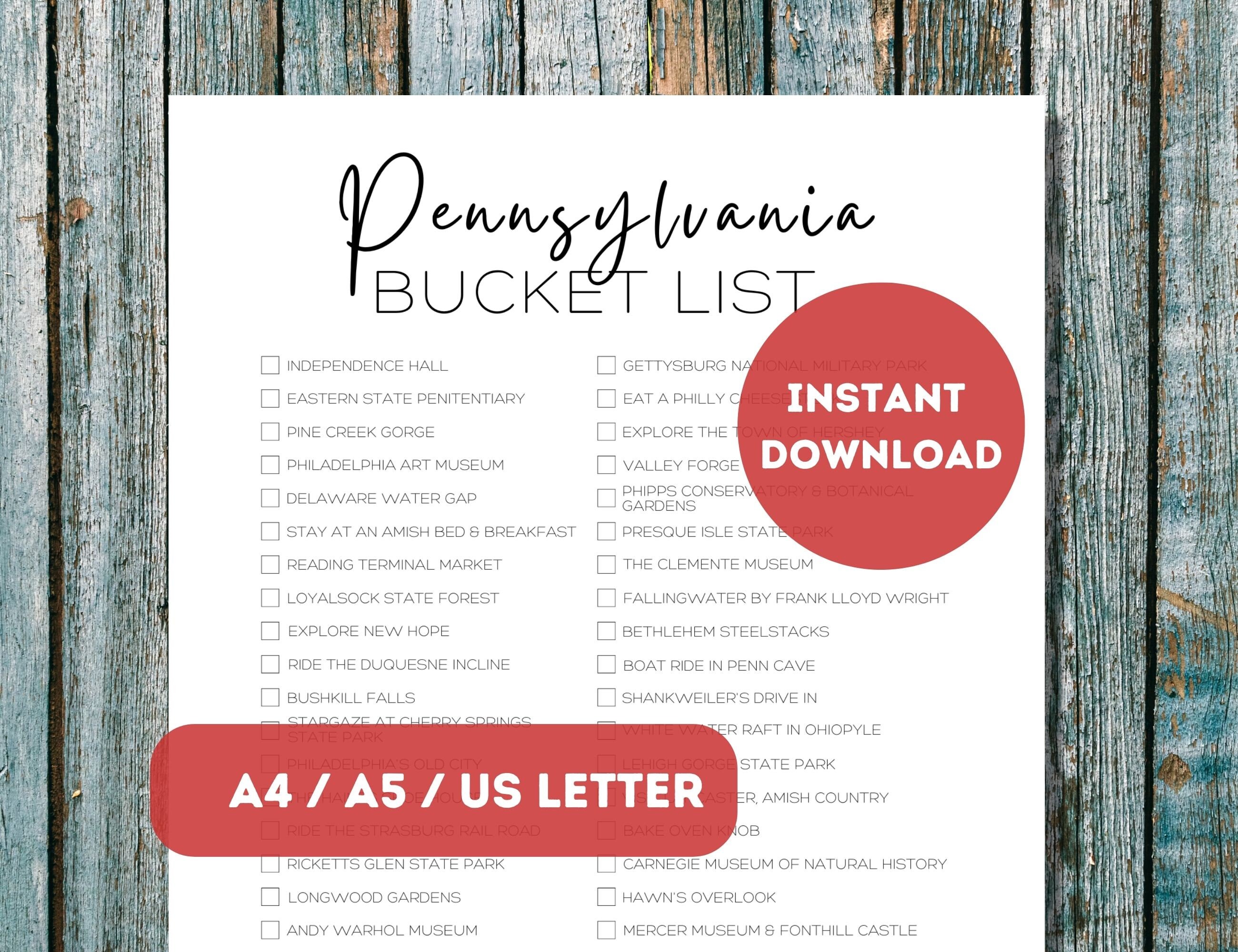 Pennsylvania Bucket List Printable | America's 50 States Travel Planner ...