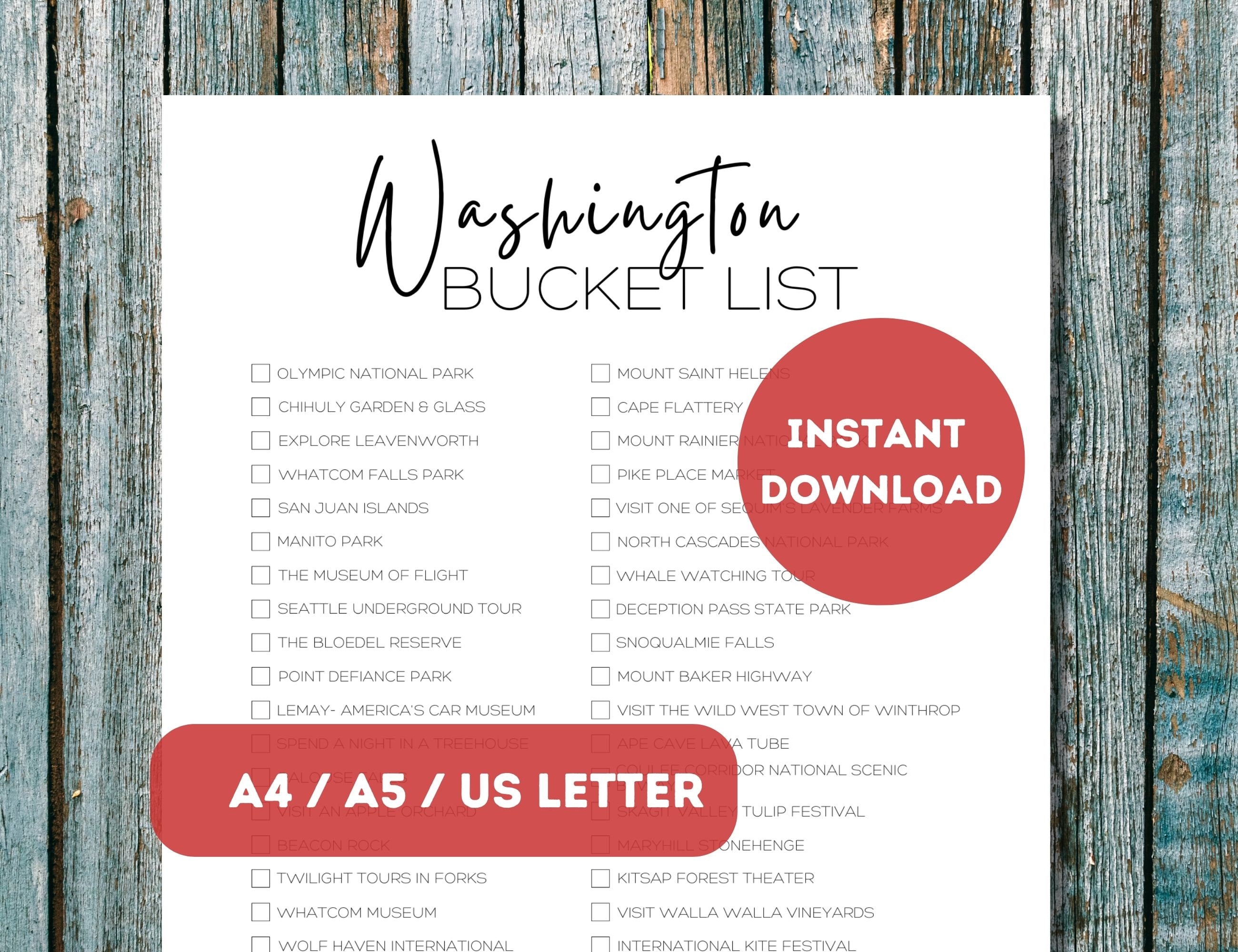 Washington Bucket List Printable | America's 50 States Travel Planner ...