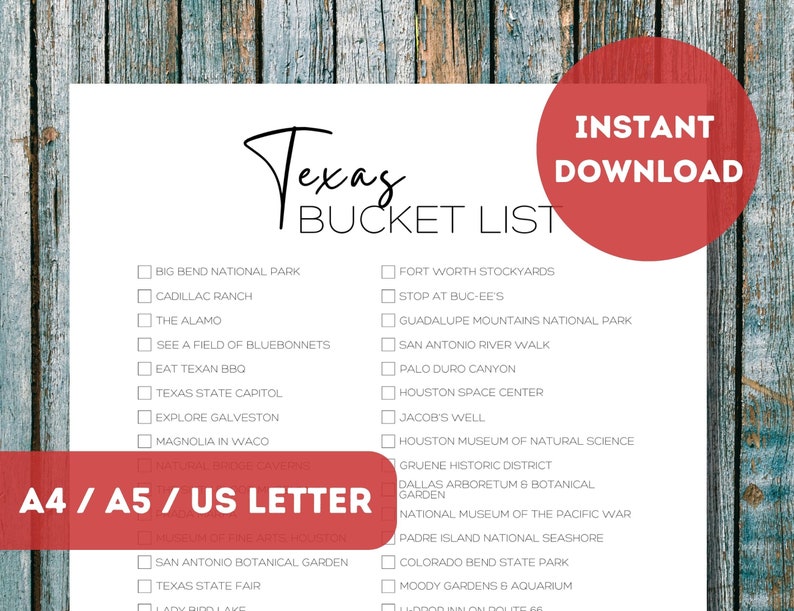 Texas Bucket List Printable America's 50 States Travel - Etsy