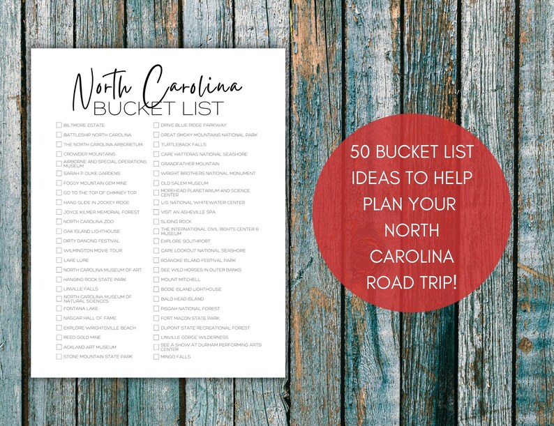 North Carolina Bucket List Printable America's 50 States Travel Planner ...