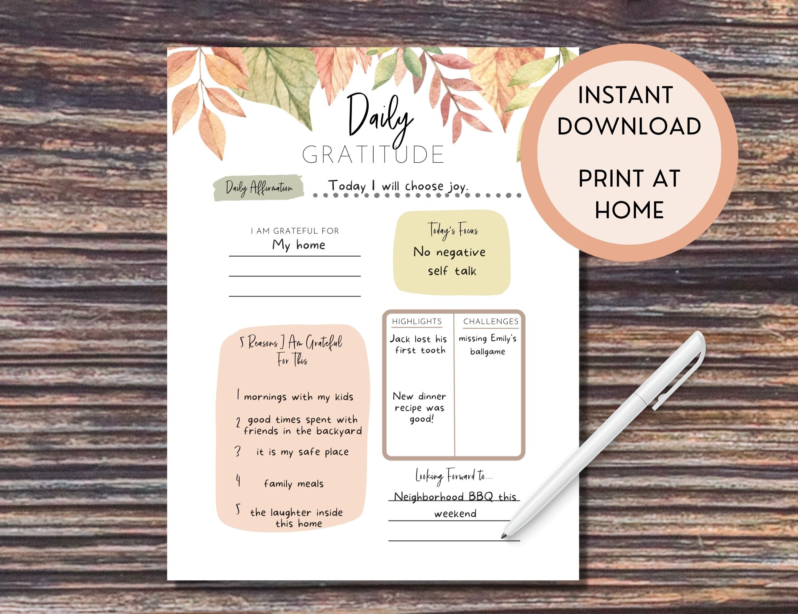 Fall Daily Gratitude Journal PDF | Watercolor Autumn Leaves ...