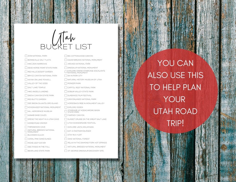 Utah Bucket List Printable | America's 50 States Travel Planner ...