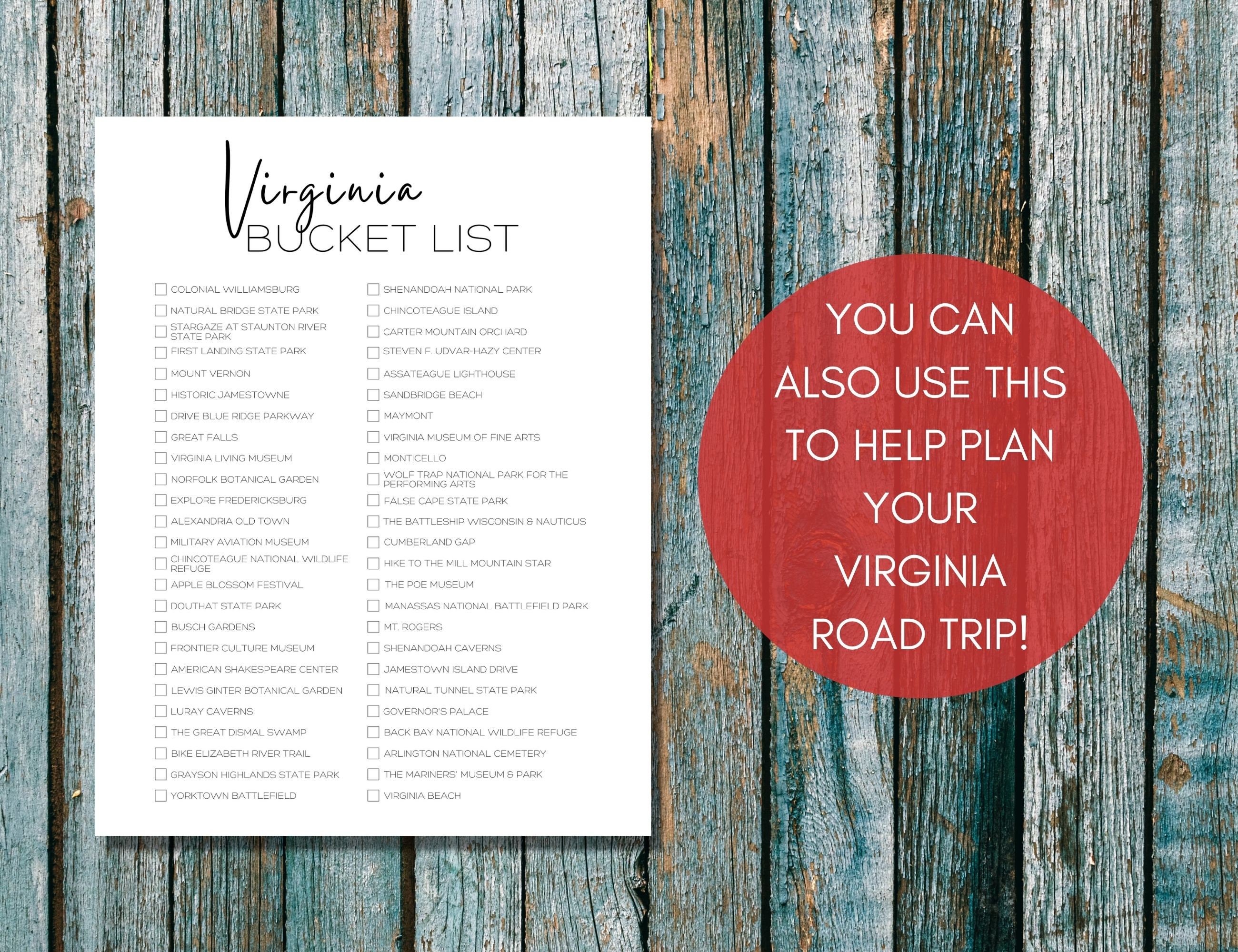 Virginia Bucket List Printable | America's 50 States Travel Planner ...