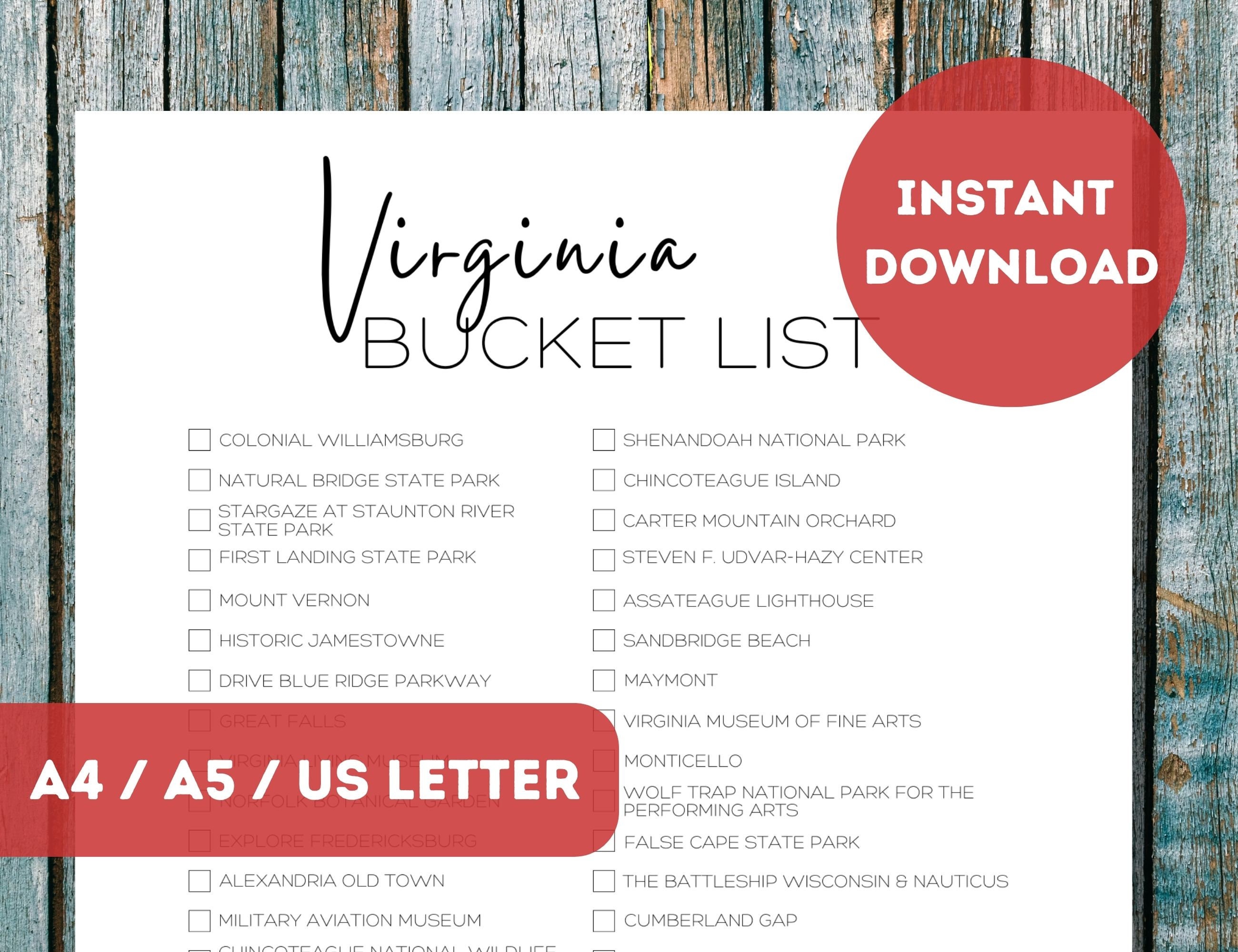 Virginia Bucket List Printable America's 50 States - Etsy