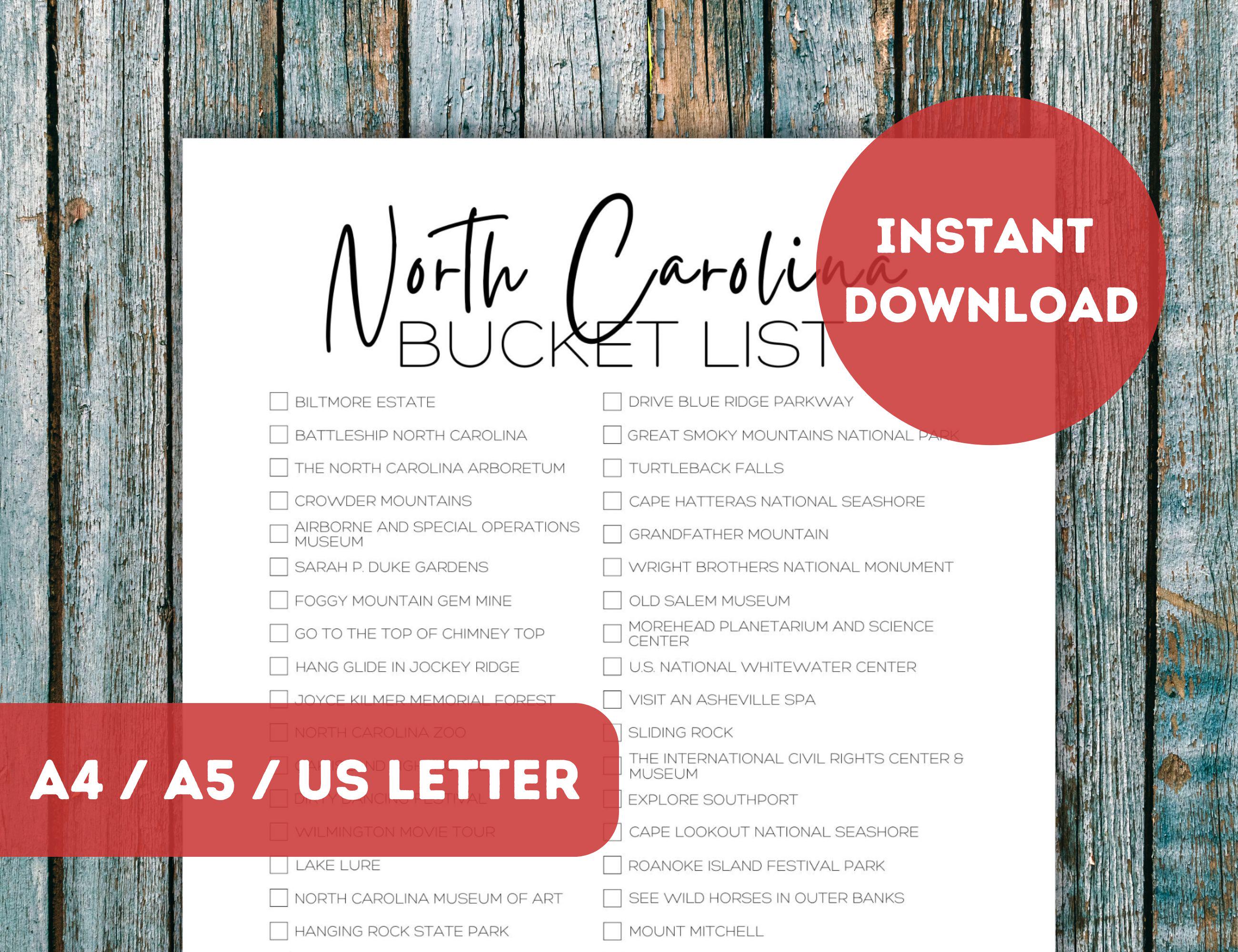 North Carolina Bucket List Printable | America's 50 States Travel ...