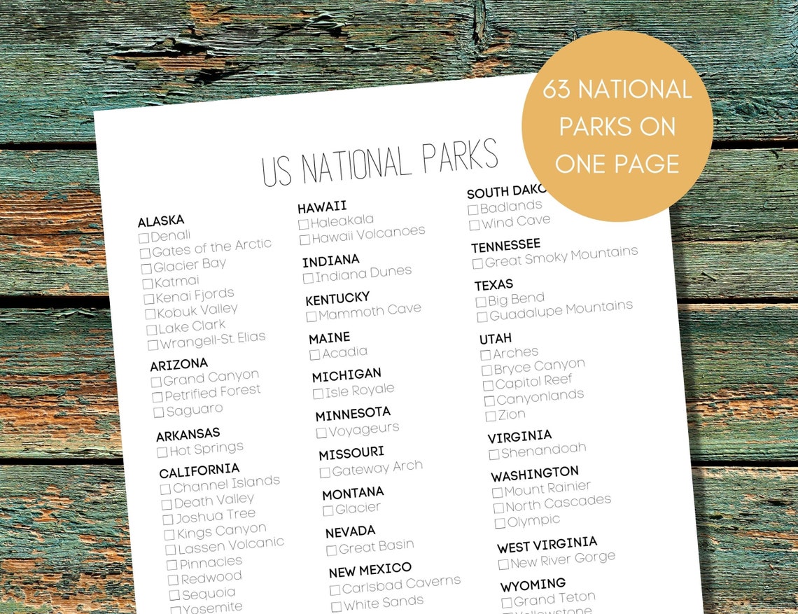 US National Park Checklist Printable 63 Parks 2023 Complete - Etsy