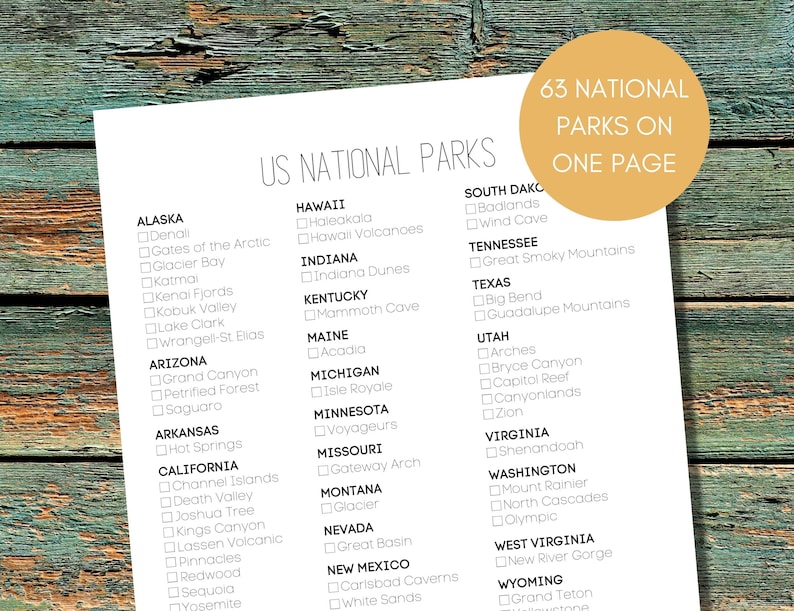 US National Park Checklist Printable 63 Parks 2023 Complete - Etsy