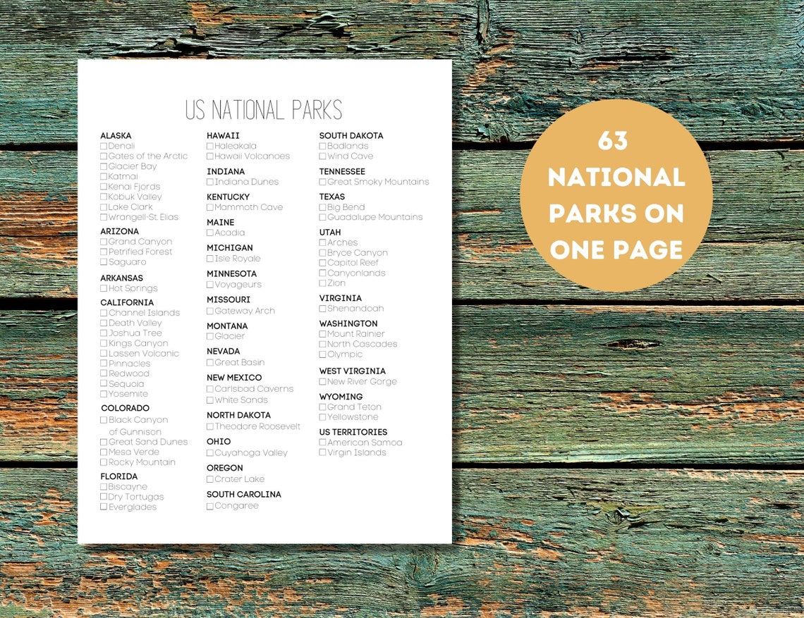 US National Park Checklist Printable 63 Parks 2024 Complete List ...