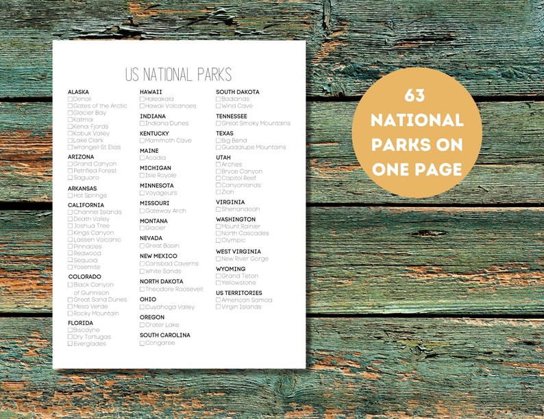 US National Park Checklist Printable | 63 Parks 2024 Complete List ...