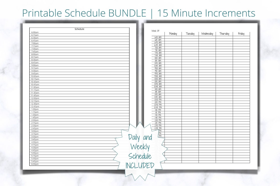 Time Block Schedule, Daily and Weekly Schedule With 15 Minute ...