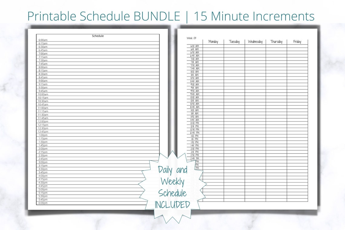 Time Block Schedule, Daily and Weekly Schedule With 15 Minute ...