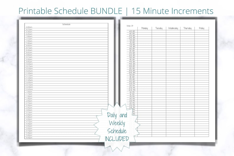 Time Block Schedule, Daily and Weekly Schedule With 15 Minute ...
