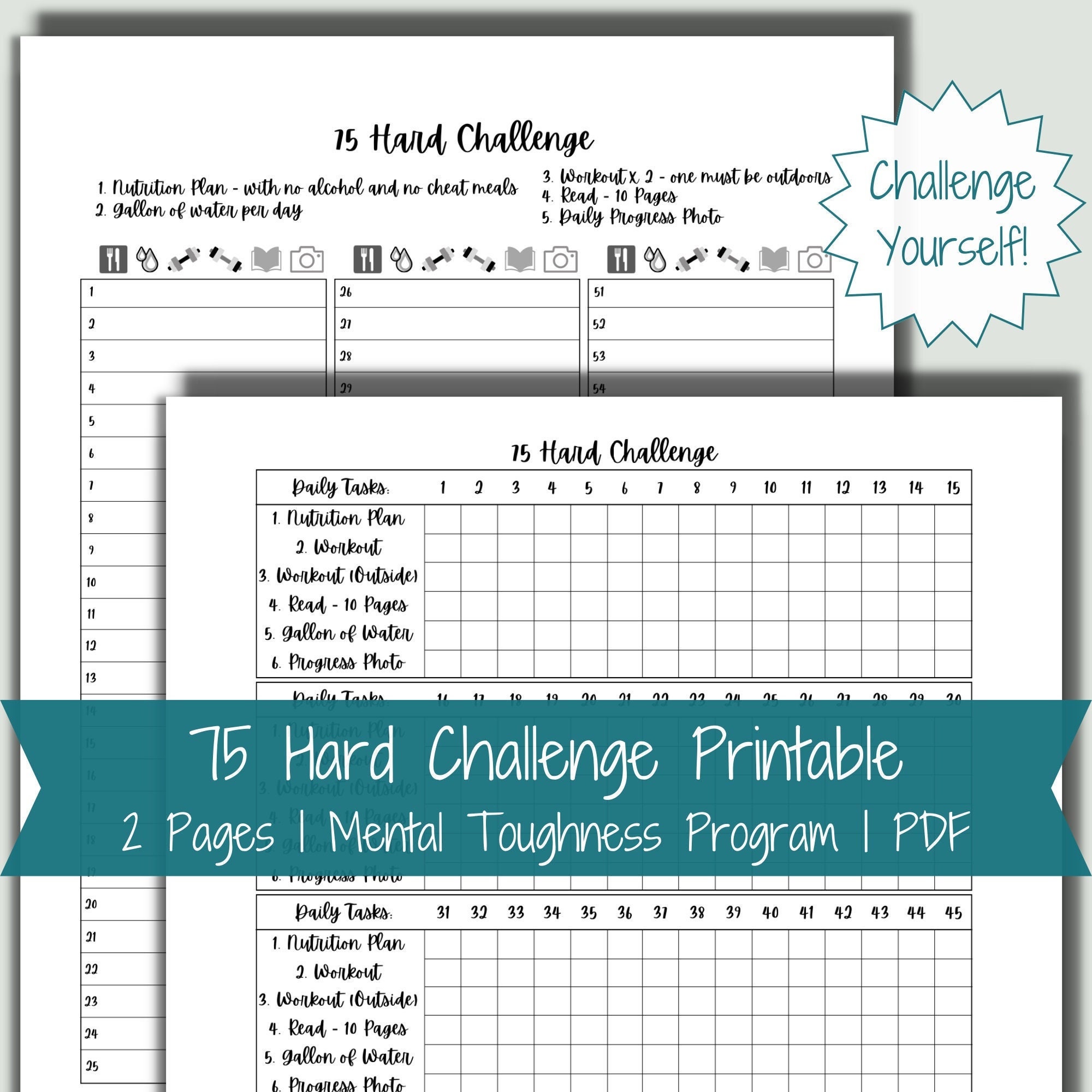 75 Hard Printable, 75 Hard Challenge, 75 Hard Checklist, Mental ...