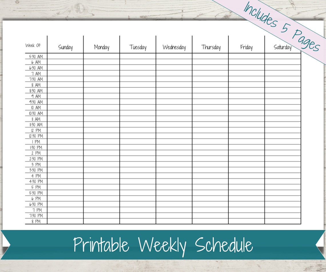 Half-hour Weekly Schedule Chart: Printable Horizontal Planner (PDF) - Etsy