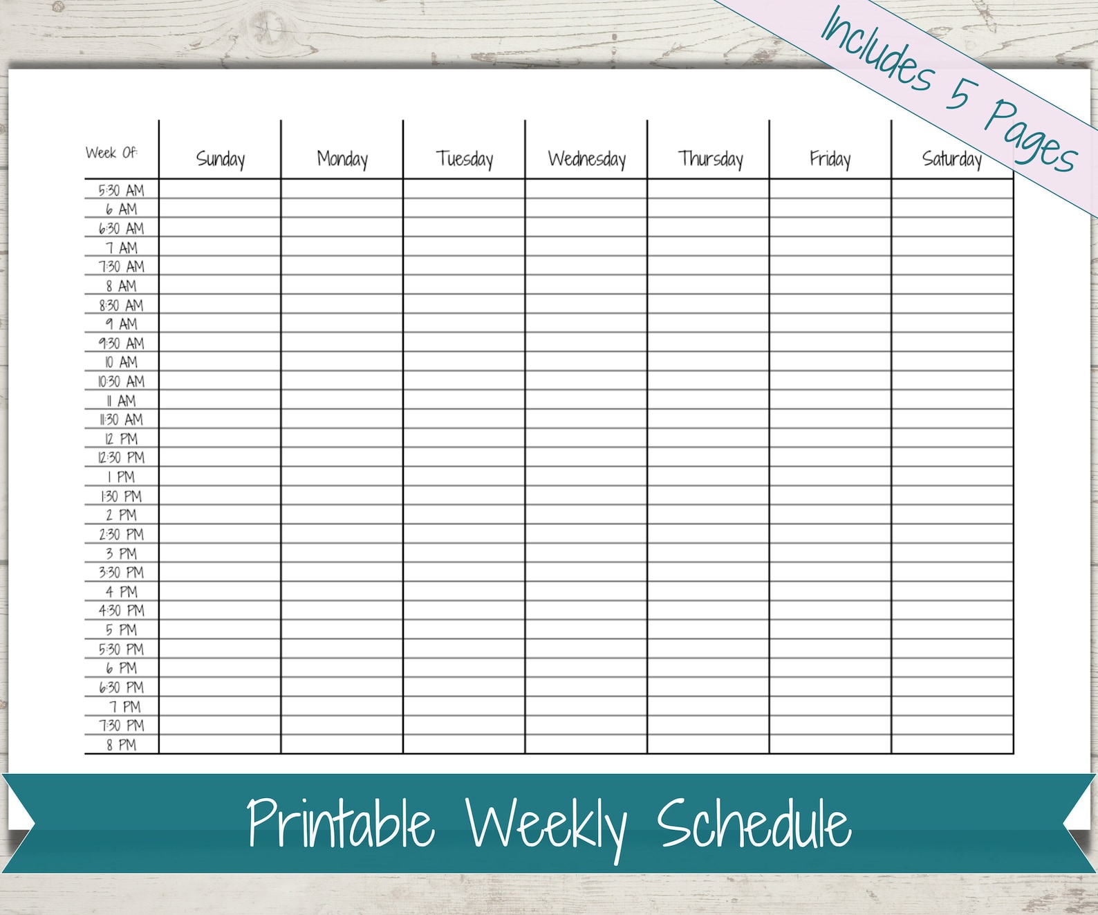 Half-hour Weekly Schedule Chart: Printable Horizontal Planner (PDF) - Etsy