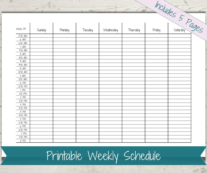 Half-hour Weekly Schedule Chart, Printable Schedule Template ...