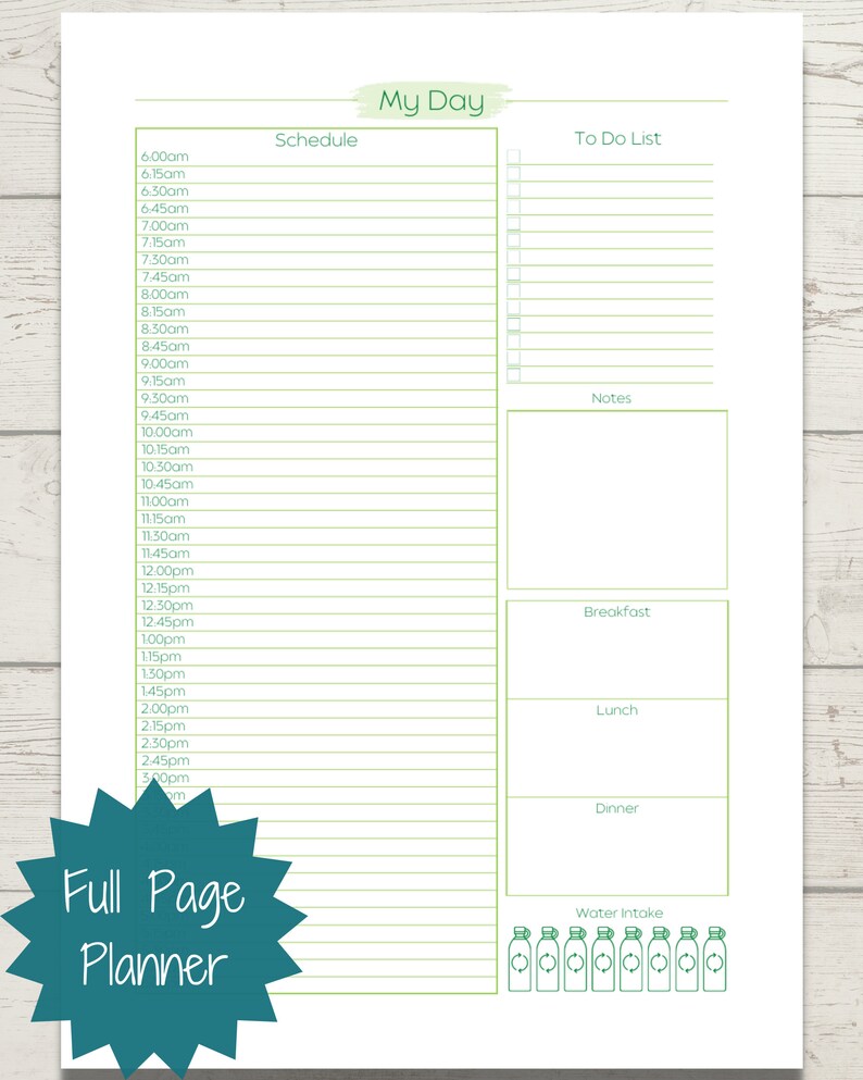 Daily Planner, 15 Minute Increments, Printable To-do List, Meal Planner ...