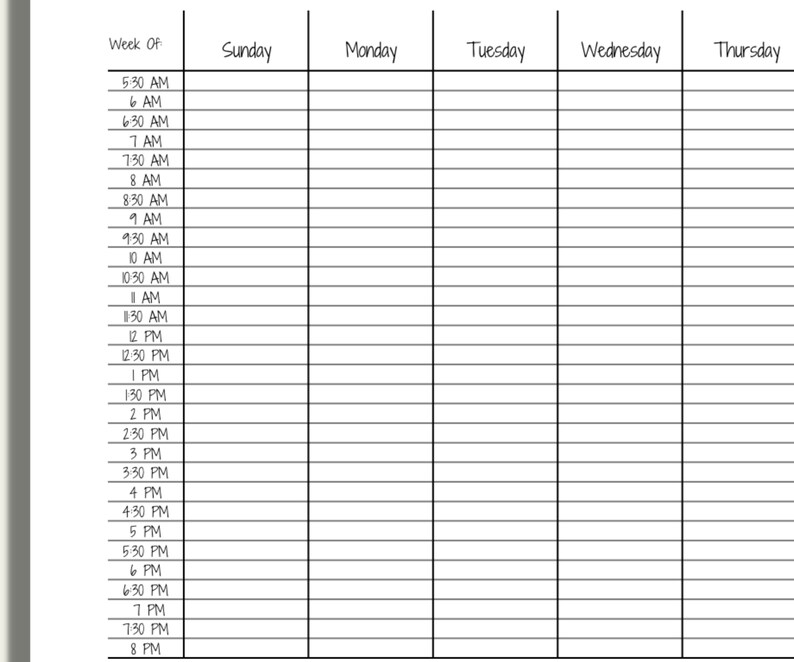 Half-hour Weekly Schedule Chart: Printable Horizontal Planner (PDF) - Etsy