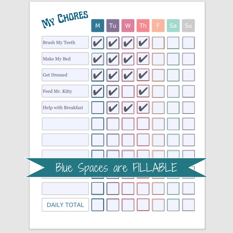 Chore Chart for Kids PDF, EDITABLE Chore Chart, Daily Chore Chart ...