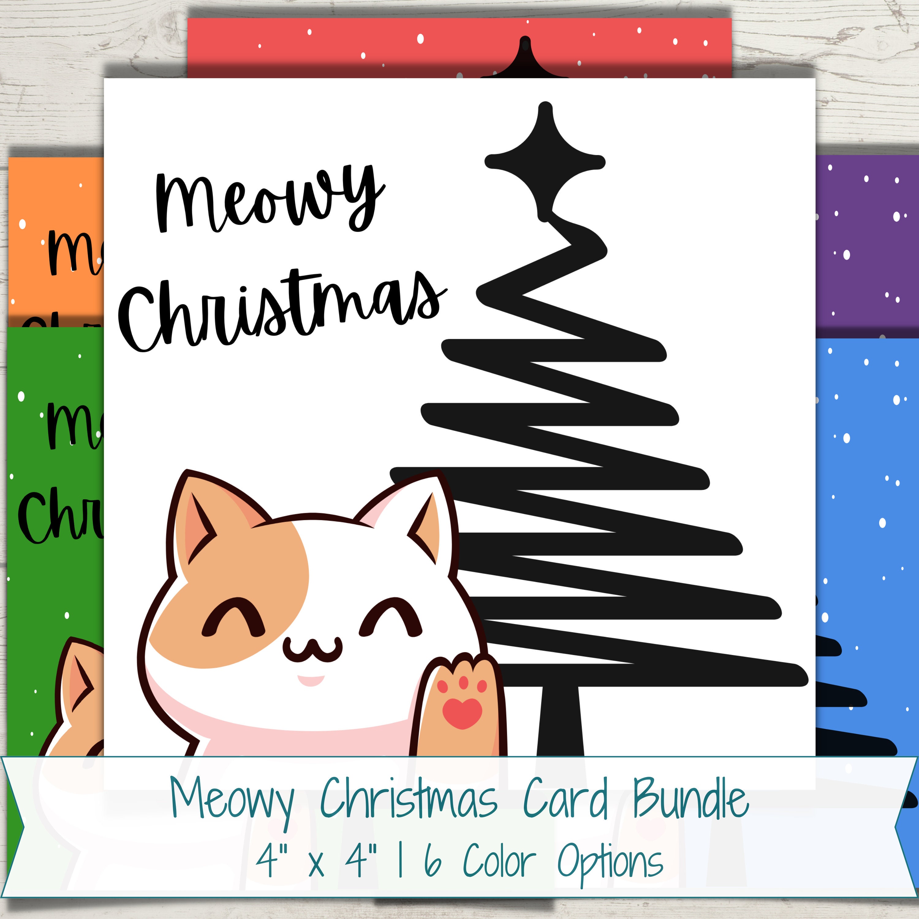 Meowy Christmas Card Cute Christmas Cards Printable Bundle Cat Themed Printable Christmas Card Template Puurfect Card Etsy