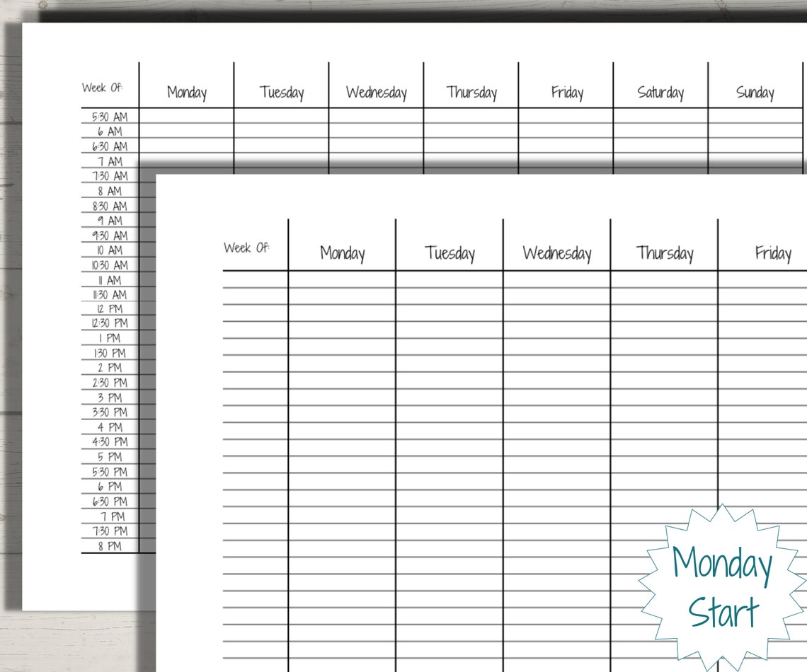 Half-hour Weekly Schedule Chart Printable Schedule Template - Etsy