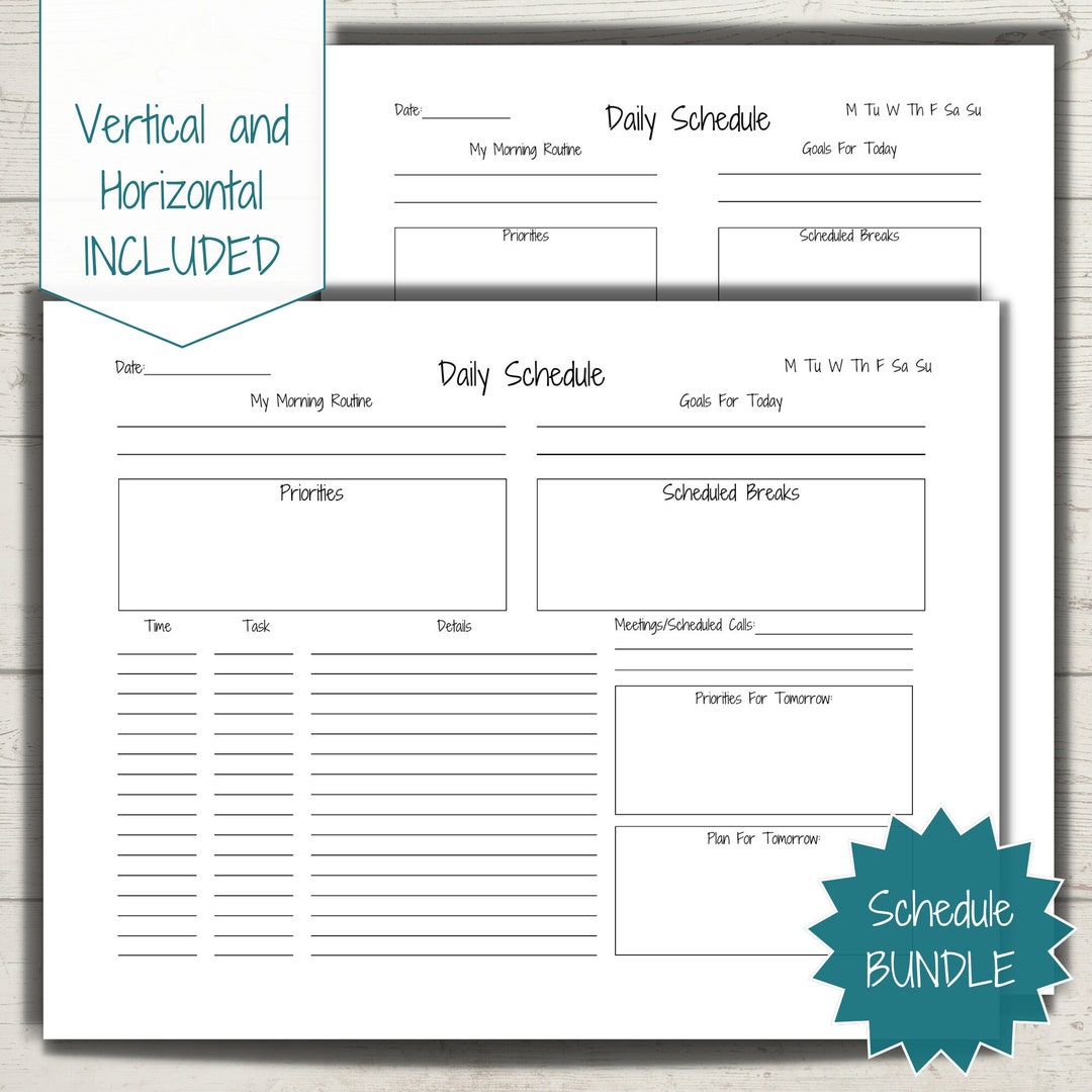 Daily Schedule Printable: Vertical & Horizontal Planner Bundle (PDF) - Etsy