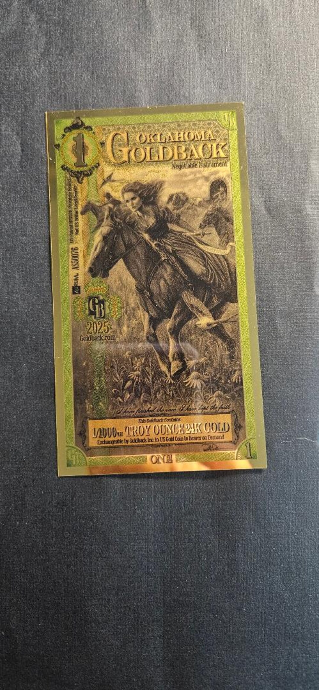 1 Goldback 1/1000 oz De 1 Oklahoma Goldback eert Perseverantia of ...