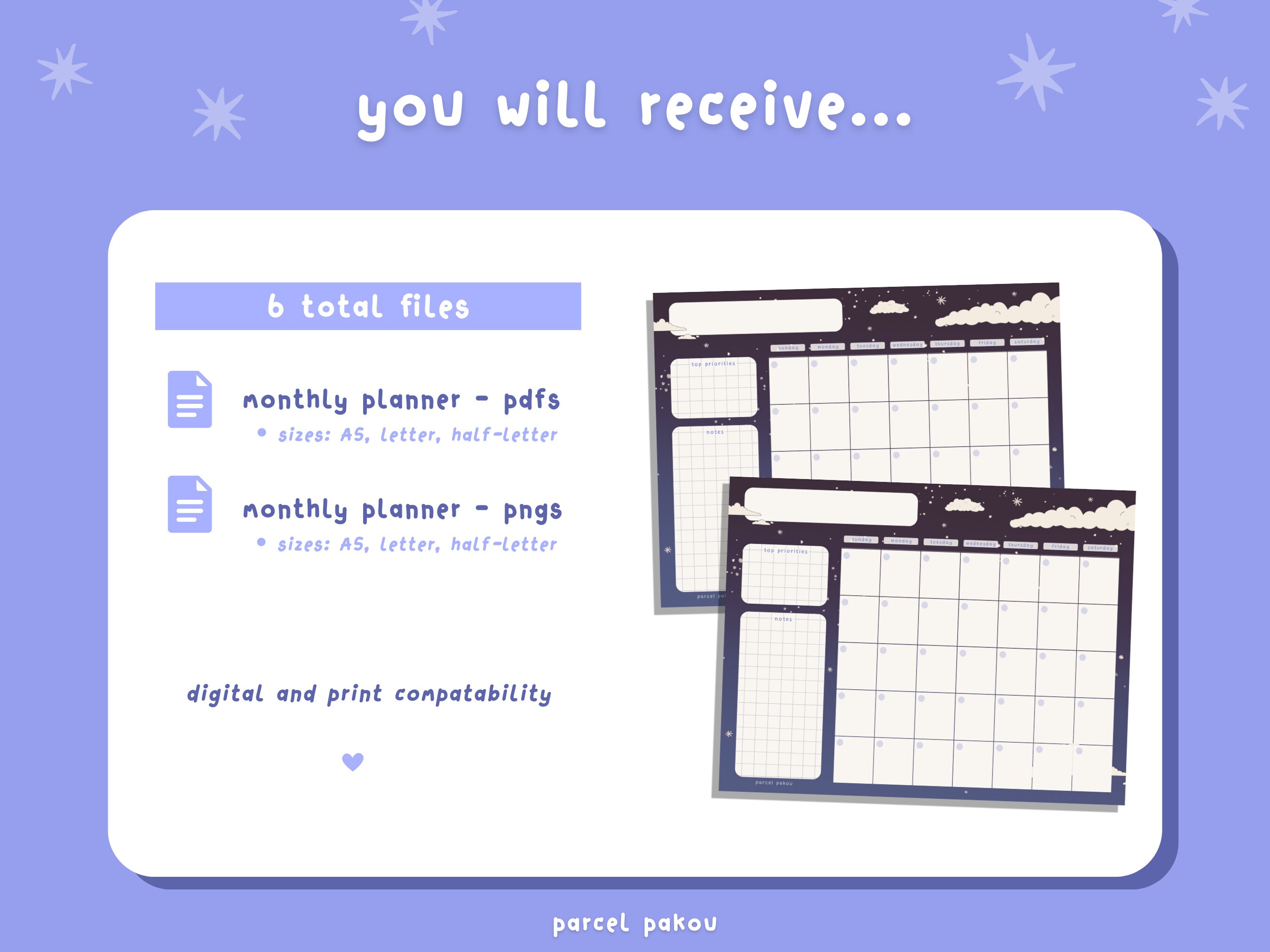 Printable Monthly Planner Clouds / Blank Desk Calendar / Cute 2025 ...